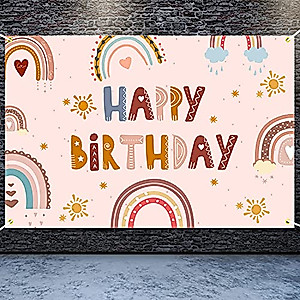 Boho Rainbow Happy Birthday Backdrop Banner Pink Bohemian Sunshine Theme Background Decorations for Women Girls Baby Shower Photography Party Sign Decor Supplies