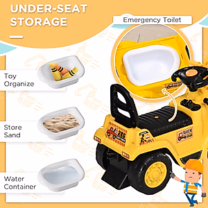 Aosom Kids Ride on Excavator Pulling Cart with Sound Effects, No Power Digger Scooter Ride-on Toy Construction Vehicle for Toddler or Preschool Age with Under-Seat Storage, Treaded Wheels