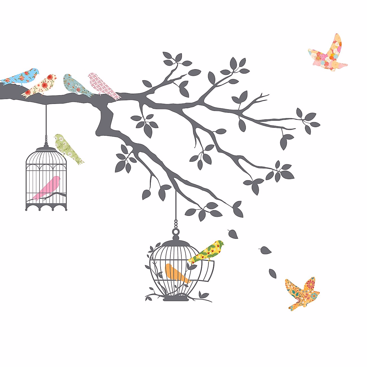DECOWALL DW-1510 Birds on Tree Branch with Bird Cages Kids Wall Stickers Wall Decals Peel and Stick Removable Wall Stickers for Kids Nursery Bedroom Living Room (Grey) d?cor