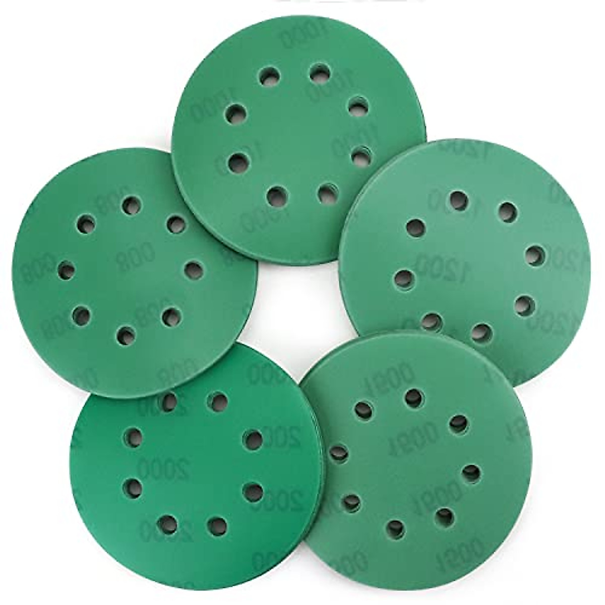5 Inch Sanding Discs 50Pack 8 Hole Hook and Loop 800/1000/1200/1500/2000 Assorted Fine Grit Wet Dry Green 5” Sanding Disc for Random Orbital Sander Wood Metal Car Plastic Polishing and Finishing