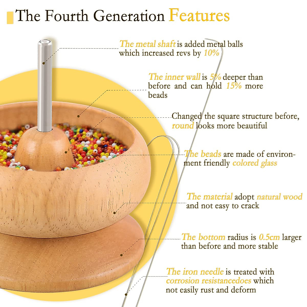 The Hobbyworker Fourth Generation Wooden Bead Spinner with Aluminum Triangle Bead Sorting Tray,Cotton Thread,3 Bags Seed Beads and Beading Needles for Jewelry Making Kit