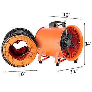 VEVOR 10 Inch Portable Ventilator Fan, High Velocity, Low Noise, 2700m3/h Air Flow, 320W Power, 295Pa Pressure, with 5M Duct Hose, Orange