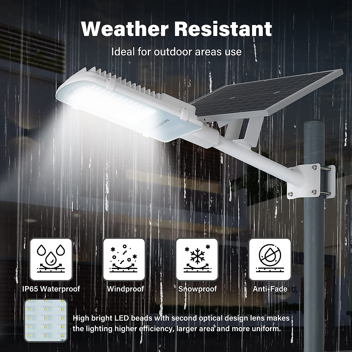 Gebosun Solar Street Light, 100W Outdoor Solar Led Street Lights, Work from Dusk to Dawn, 8600LM, 6000K, IP65 Waterproof, Wall-Mounted & Pole-Mounted for Pathway, Driveway, Swimming Pool, Garden