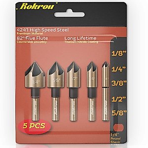 Countersink Drill Bit Set 5PCS 4241 HSS 82 Degree 5 Flute 1/4 Inch Round Shank Mill Cutter Bit Sizes 1/4 3/8 1/2 5/8 3/4 Drill Bits