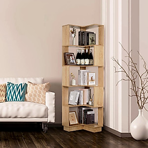 tonchean 5-Tier Corner Bookshelf 69" Tall Modern Wooden Corner Bookcase L-Shaped Shelf Storage Display Rack for Bedroom, Living Room, Home Office