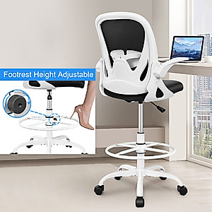 Primy Drafting Chair Tall Office Chair with Flip-up Armrests Executive Ergonomic Computer Standing Desk Chair with Lumbar Support and Adjustable Footrest Ring(White)