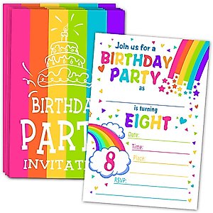 ukebobo Rainbow Happy Birthday Party Invitations for Child’s 8th Birthday Party – Colorful Invitation with Envelopes for Kids 8th Birthday Party – 20 Cards With Envelopes