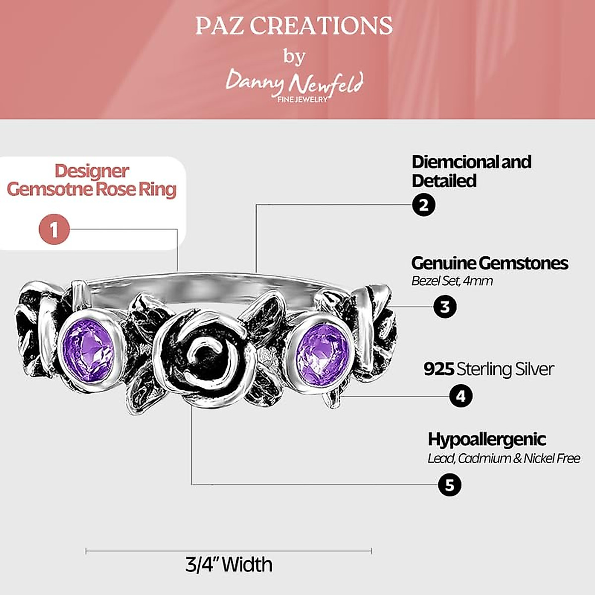Paz Creations Ring For Women - 925 Sterling Silver Vintage Rings For Woman - Handcrafted Rose Flower Design With Gemstones - Jewelry with One Year Warranty - Amethyst Size 8