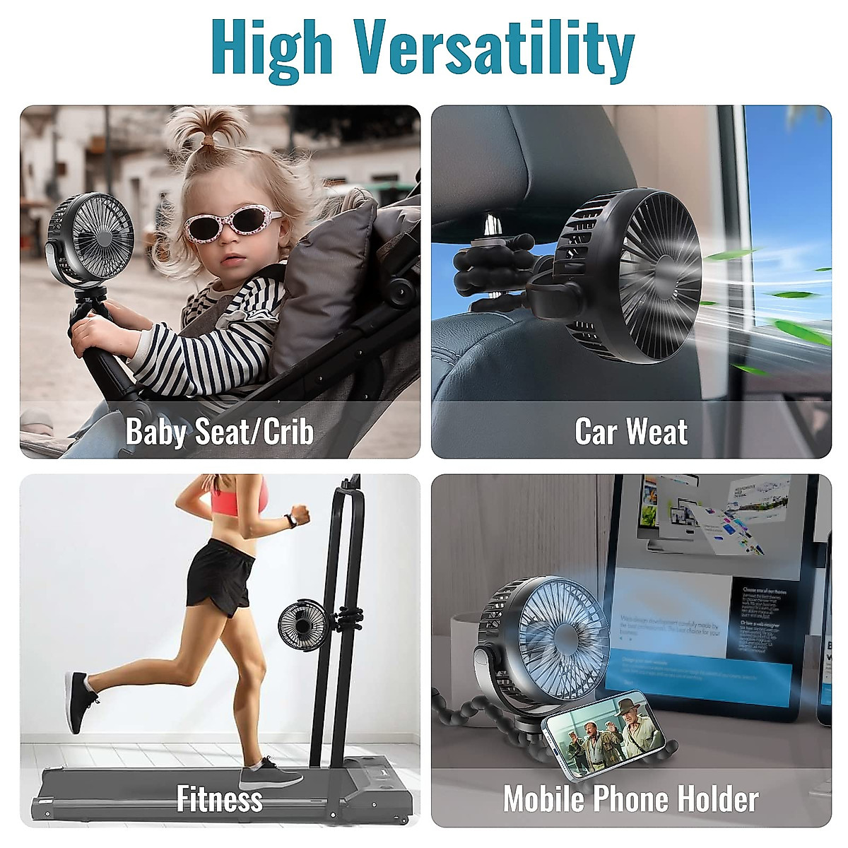 SOVONCARE Stroller Fan Clip on for Baby, Portable Fan for Stroller, Car Seat Fan, Mini Handheld Fan 5200mAh 360°Rotatable Fan with Octopus Tripod Adjustable 3 Speeds Idea Gift