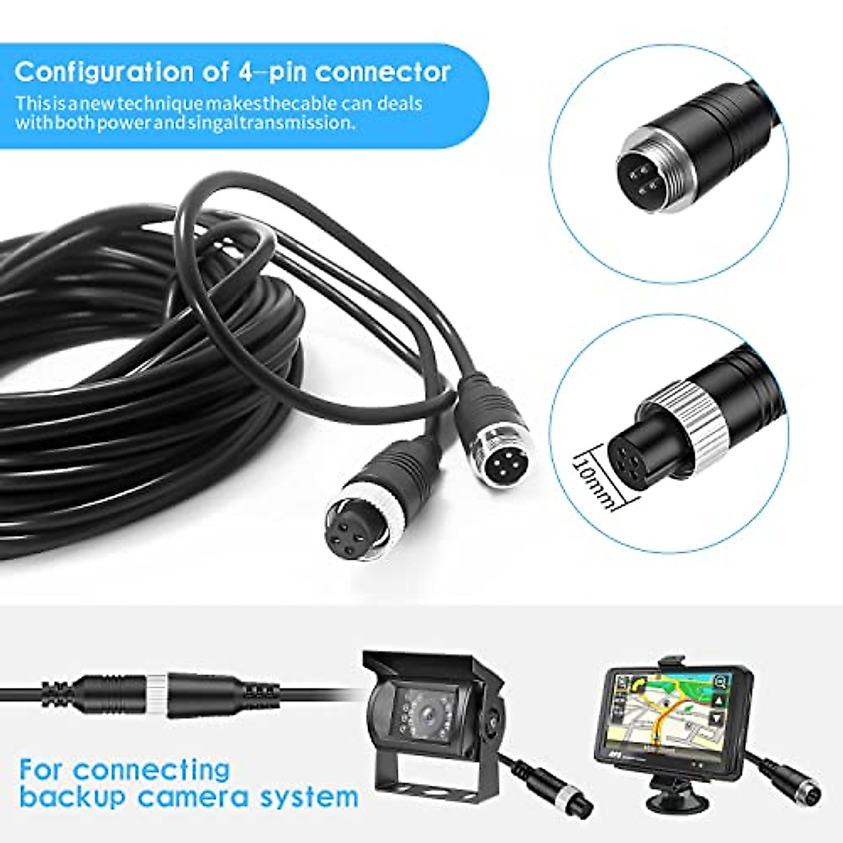 EKYLIN 32FT 10M Car Video 4-Pin Aviation Extension Cable for CCTV Rearview Camera Truck Trailer Camper Bus Vehicle Backup Monitor System Waterproof Shockproof