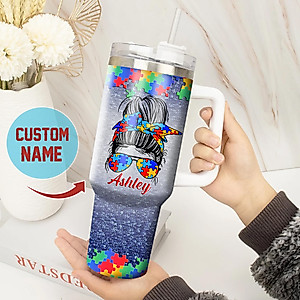 WAZONE Personalized Autism Mom Tumbler 40oz with Handle and Straw Stainless Steel From Daughters Sons For Mommy Mother Mama Customized Name Gifts Idea on Birthday Christmas Mothers Day