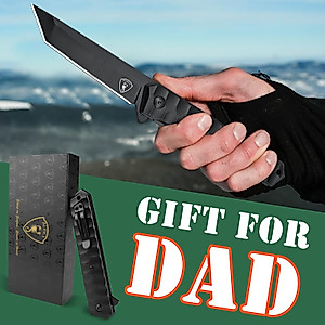 AUBEY Tanto Blade EDC Knife, 440 Steel Pocket Folding Knife with Liner Lock, Clip, Aluminum Handle and Glass Breaker, Nice Gift for Men Women (Black)