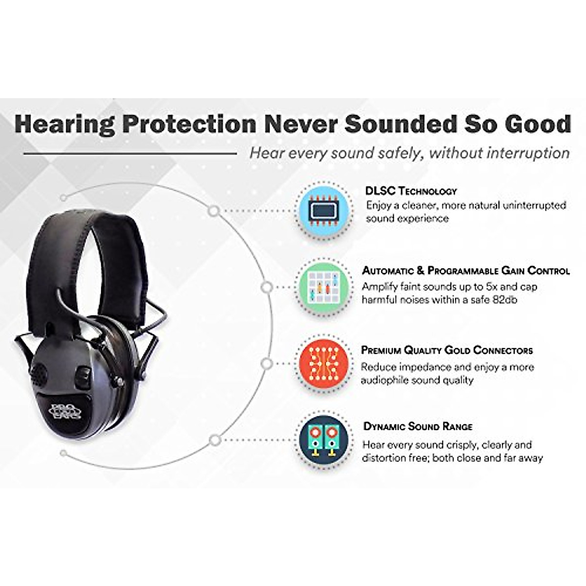 Pro Ears Silver 22 Electronic Hearing Protection, Noise Reduction Rating 22dB, Dynamic Level Sound Compression Technology, Automatic Gain Control, Gold Connectors, Gel Ear Seals, Adjustable Headband