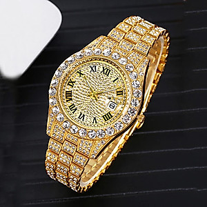 LGXIGE Mens Ice Out Watches Big Rocks with Roman Numerals Fully Colorful Dial Gold Watch (Gold)