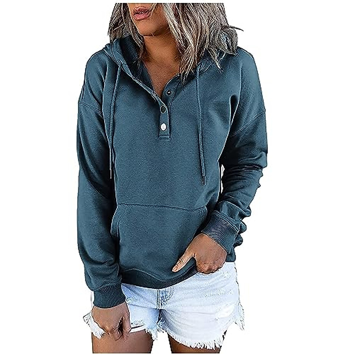 DESKABLY Womens Fashion Hoodie 2023 Button Collar Pullover Drawstring Hooded Sweatshirt Casual Long Sleeve Tops Fall Clothes