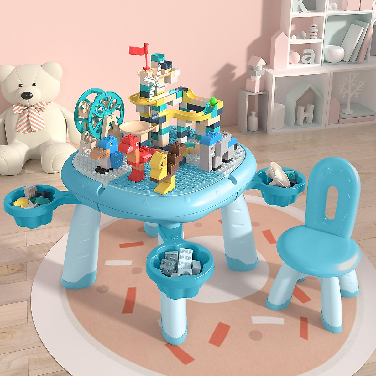 GITAWUSA Toddler Table and Chair Set, Kids Table and Chair with Double-Side Tabletop, Block Table for Toddlers 1-3, Kids Multi-Activity Table with Storage for Daycare/Playroom (Blue)