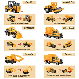 BenRich 6 Pcs Mini Die Cast Car Set 1/64 Scale Alloy Construction Trucks - Dump Truck, Excavator, Forklift, Road Roller, Bulldozer, Mixer Truck - Toy Cars for Kids Boys Girls Birthday Xmas Present