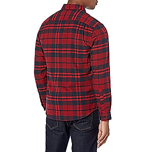 Amazon Essentials Men's Slim-Fit Long-Sleeve Plaid Flannel Shirt (Limited Edition Colors), Navy Red Plaid, Medium