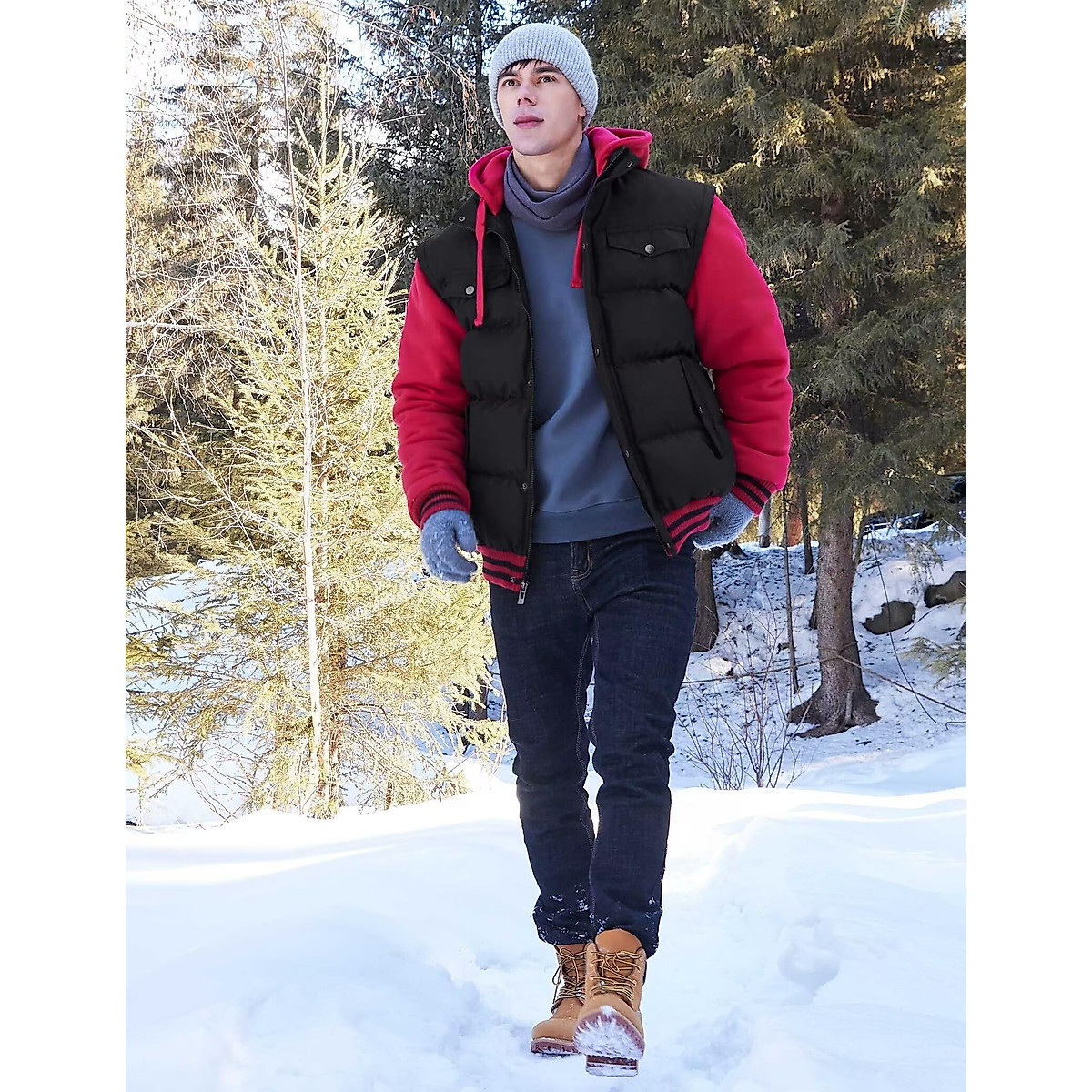 BEST SOUTH Men's Hooded Winter Coats Water Resistant Warm Thicken Insulated Full Zip Windproof Jackets with Pockets Black Red XL