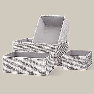 Recycled Wicker Storage Basket, Paper Rope Storage Baskets for Organizing Container Bins for Shelves Cupboards Drawer, Small Woven Basket Set of 4