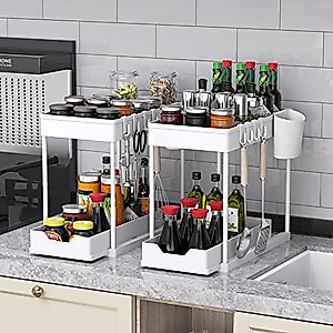 Teencci 2 Pack Under Sliding Sink Organizers & Storage,2 Tier Sliding Organizer Under Sink,Multipurpose Under Kitchen Sink Organizers & Storage w/ 8 Hooks & 2 Hanging Cups,White 2 pack (ST86W)