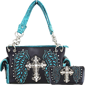 Western Style Rhinestone Cross Studded Laser Cut Wings Tooled Leather Purse Women Handbags Country Shoulder Bag Wallet Set (2Black/Turq Set)