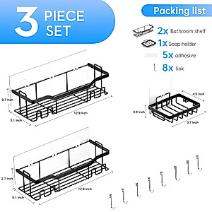 LLDDHHWW Shower Caddy Adhesive, No Drill Bathroom Shower Organizer, 3 Pack Adhesive Bath Organizers with 8 Hooks and Soap Holder, Rustproof Shower Shelves for Bathroom Storage & Home Decor
