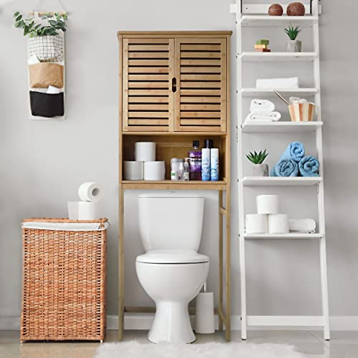 MUPATER Bathroom Over-The-Toilet Storage Cabinet with Doors and Shelves, Bamboo Over Toilet Organizer, Freestanding Tall Space Saver Toilet Rack, Natural Wood