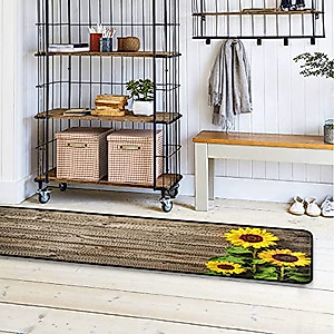 Farmhouse Theme Sunflowers Laundry Room Runner Rug Wooden Board Background Mat Washable Non-Slip Soft Floor Carpet Extra Long Hallway Doormat 72" X 24"