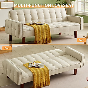 XGWIHLO Linen Fabric Futon Sofa Bed, Small Loveseat, Modern Sofa Couch Adjustable Backrests, Couches for Living Room, Small Space, Bedroom, Apartment (Beige)