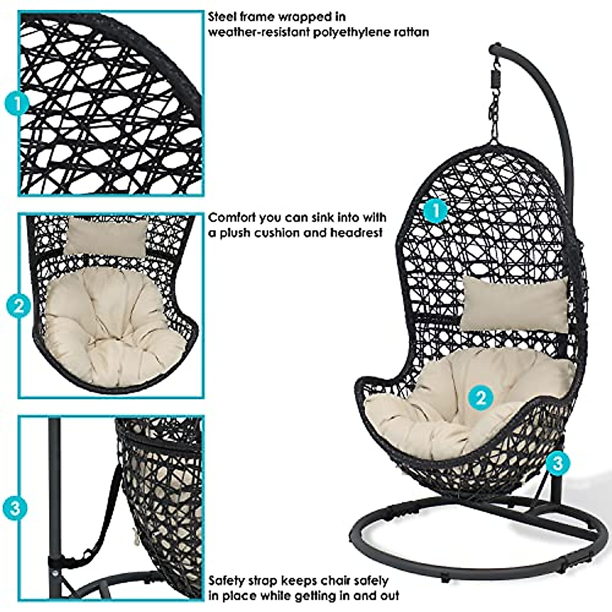 Sunnydaze Cordelia Hanging Egg Chair with Steel Stand Set - Resin Wicker - Outdoor Large Basket Design Patio Lounge Chair - Includes Beige Cushion and Headrest