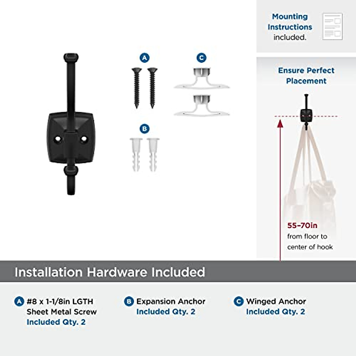 Amerock H37002MB | Kinsale Double Prong Decorative Wall Hook | Matte Black Hook for Coats, Hats, Backpacks, Bags | Hooks for Bathroom, Bedroom, Closet, Entryway, Laundry Room, Office