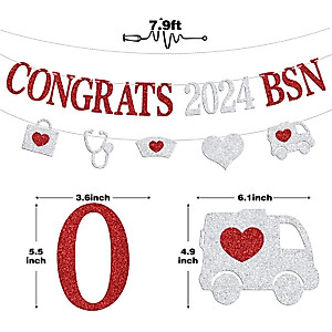 Congrats 2024 BSN Banner - Nurse Grad Party Decoration Supplies - Nursing School Survivor Graduation Party Bunting Sign/Photo Props, Silver and Red Glitter
