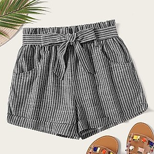 Shakumy Women Casual Elastic Waist Striped Bowknot Shorts Loose Stretch Summer Beach Shorts with Pockets Workout Hot Pants