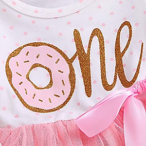 ODASDO Newborn Infant Baby Girl First 1st Birthday Party Princess Tutu Tulle Dress Donut Print Golden One Year Party Cake Smash Outfit Long Sleeve Cotton Casual Clothes + Headband 2pcs Set 18-24M