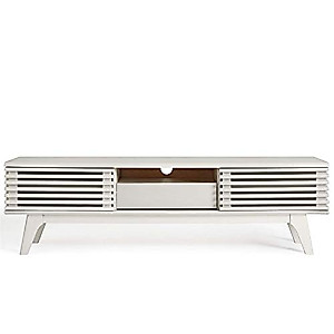 Levan Home Mid Century Modern Low Profile 59" Retro TV Stand with Slatted Shelves in White