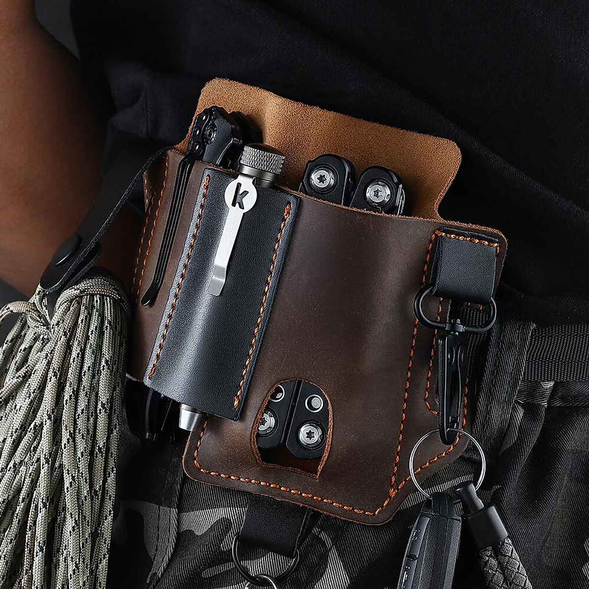 GVKES Leather Multitool Sheath - Leatherman Holster with Keychain - EDC Organizer and Belt Pouch for Knife, Flashlight, and Tools