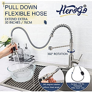 Kitchen Faucets with Pull Down Sprayer Brushed Nickel, Herogo 2.0 Upgraded Commercial Stainless Steel Single Handle Pull Out Spring Sink Faucets with Deck Plate for Utility Farmhouse Laundry Rv Wet