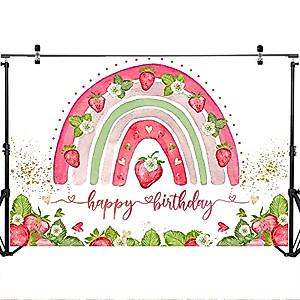 Mocsicka Strawberry Birthday Backdrop Rainbow Berry Sweet Party Decorations Photo Backdrops Sweet Girl Happy Birthday Photography Background (7x5ft)