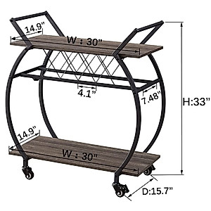 LVB Bar Cart with Wine Rack, 2 Tier Kitchen Cart on Wheels, Industrial Wood and Metal Portable Coffee Cart Table for Home, Rustic Modern Mobile Rustic Rolling Serving Cart with Shelves, Dark Oak