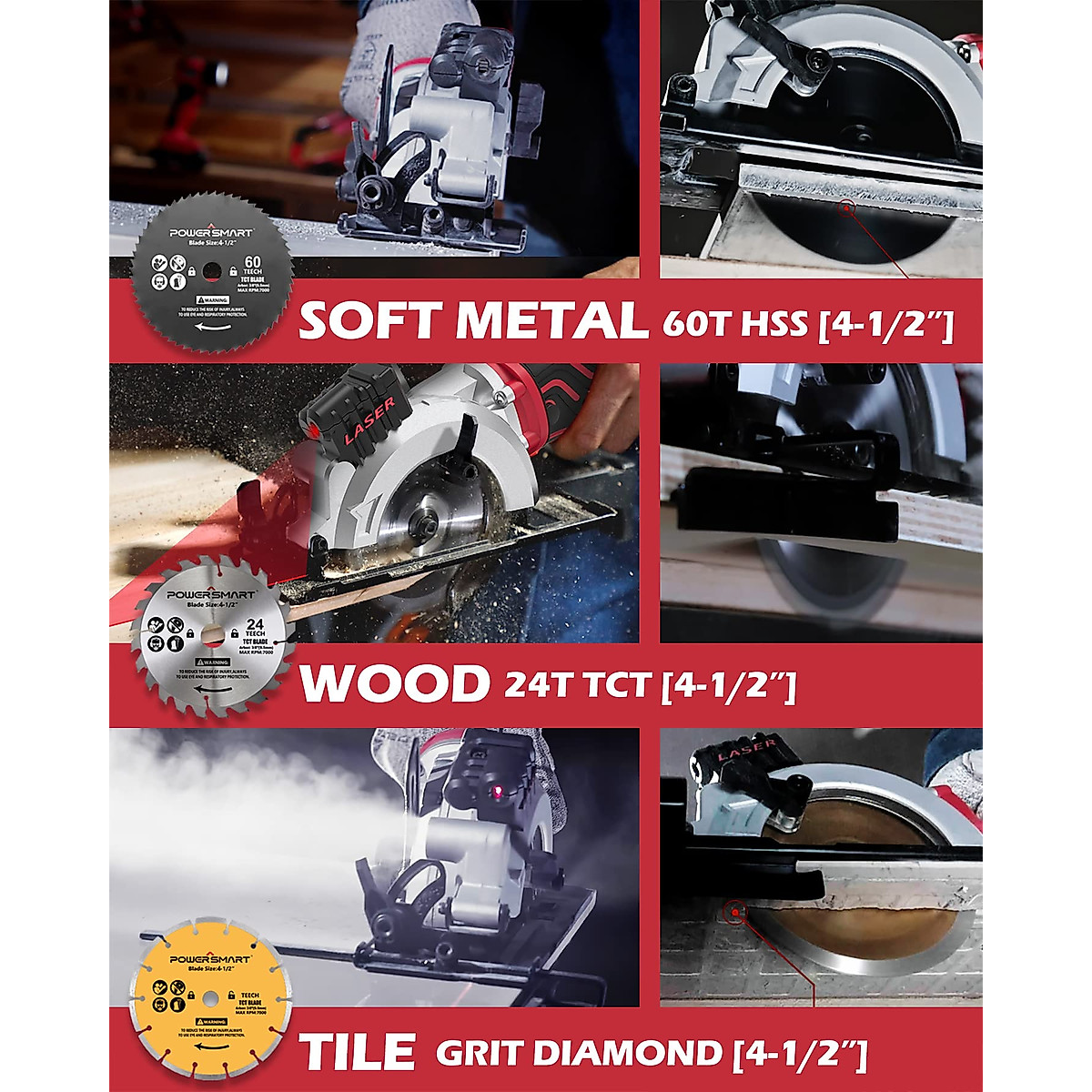 PowerSmart 5.8 Amp 4-1/2 Inch Mini Circular Saw with 4 Blades for Woods, Tile, Soft Metal and Plastic