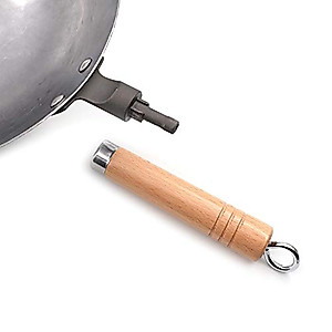 CZDYUF Traditional Hand Hammered Carbon Steel Pow Wok with Wooden and Steel Helper Handle, Round Bottom
