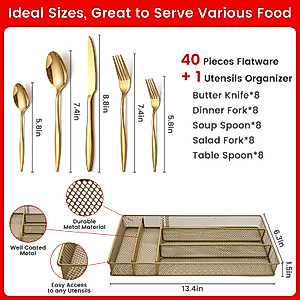 Gold Silverware Set with Organizer, 40-Piece Flatware Set for 8, Stainless Steel Kitchen Utensils Cutlery Set for Home Kitchen Restaurant Hotel,Dishwasher Safe