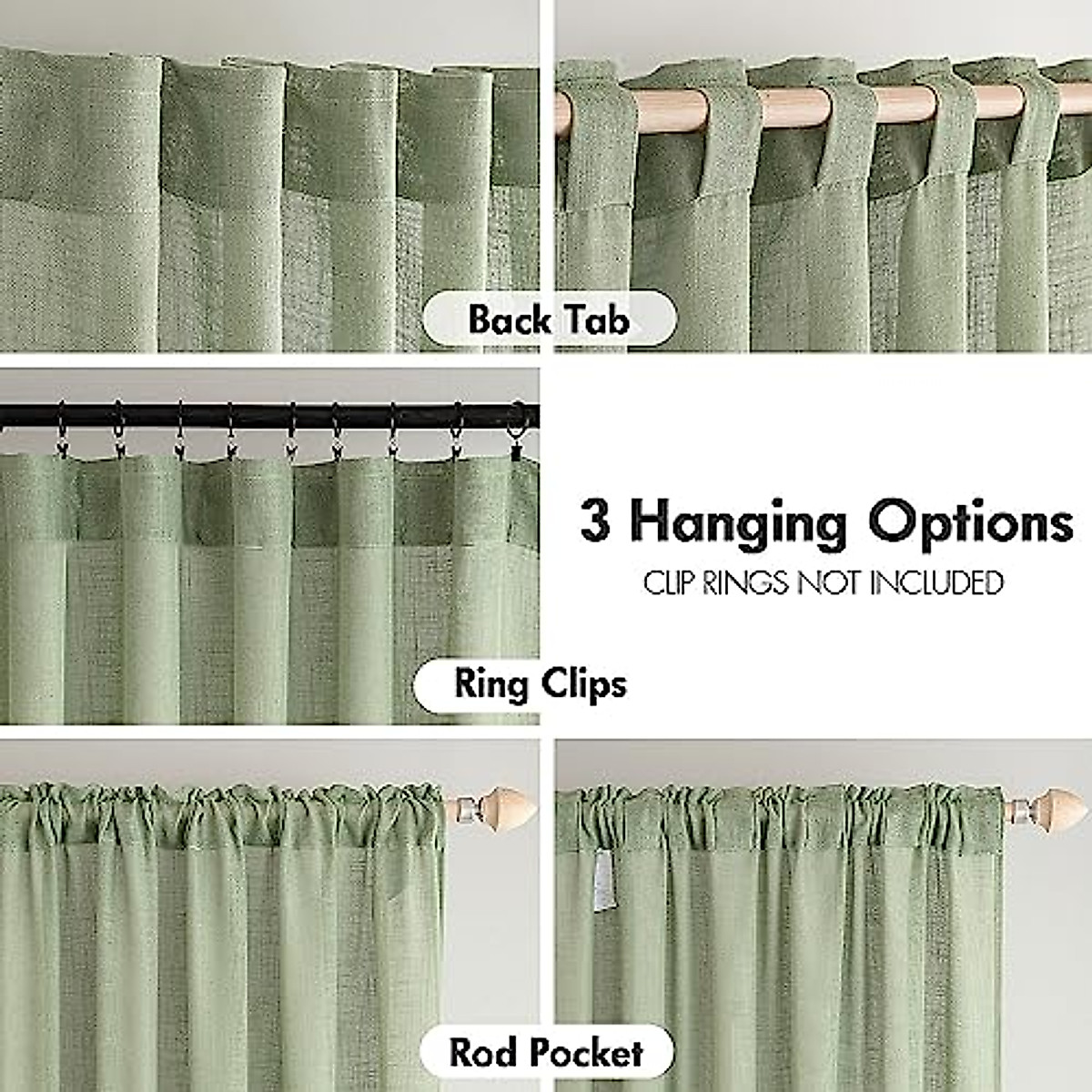 SWANCOCO Sage Green Linen Curtains 96 Inches Long Semi Sheer Thick Curtain Drapes for Bedroom Living Room Light Filtering Super Soft Burlap Look Window Drapes Rod Pocket & Back Tab, 2 Panels