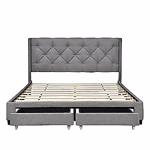 HAUSHECK Queen Size Platform Bed Frame, Upholstered Bed Frames with Button Tufted Headboard, Modern Bedframe for Kids, Teen & Adults, Wooden Slats Support, No Box Spring Needed