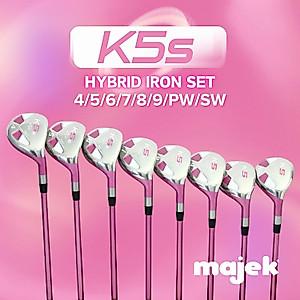 Majek Pink Senior Ladies Golf Hybrids Irons Set New Senior Women Best All True Hybrid Ultra Light Weight Forgiving Fuchsia Woman Complete Package Includes 4 5 6 7 8 9 PW SW All Lady Flex Utility Clubs