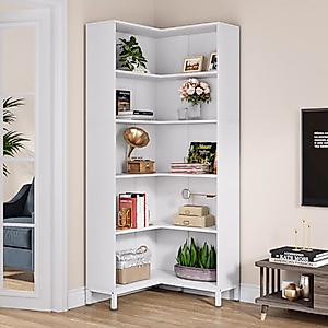 LITTLE TREE 70.8-in Tall Bookcase, 6-Tier White L-Shaped Bookshelf, Modern Corner Bookcase Bookshelf, Freestanding Display Storage Rack with Back Panel for Living Room, Bedroom
