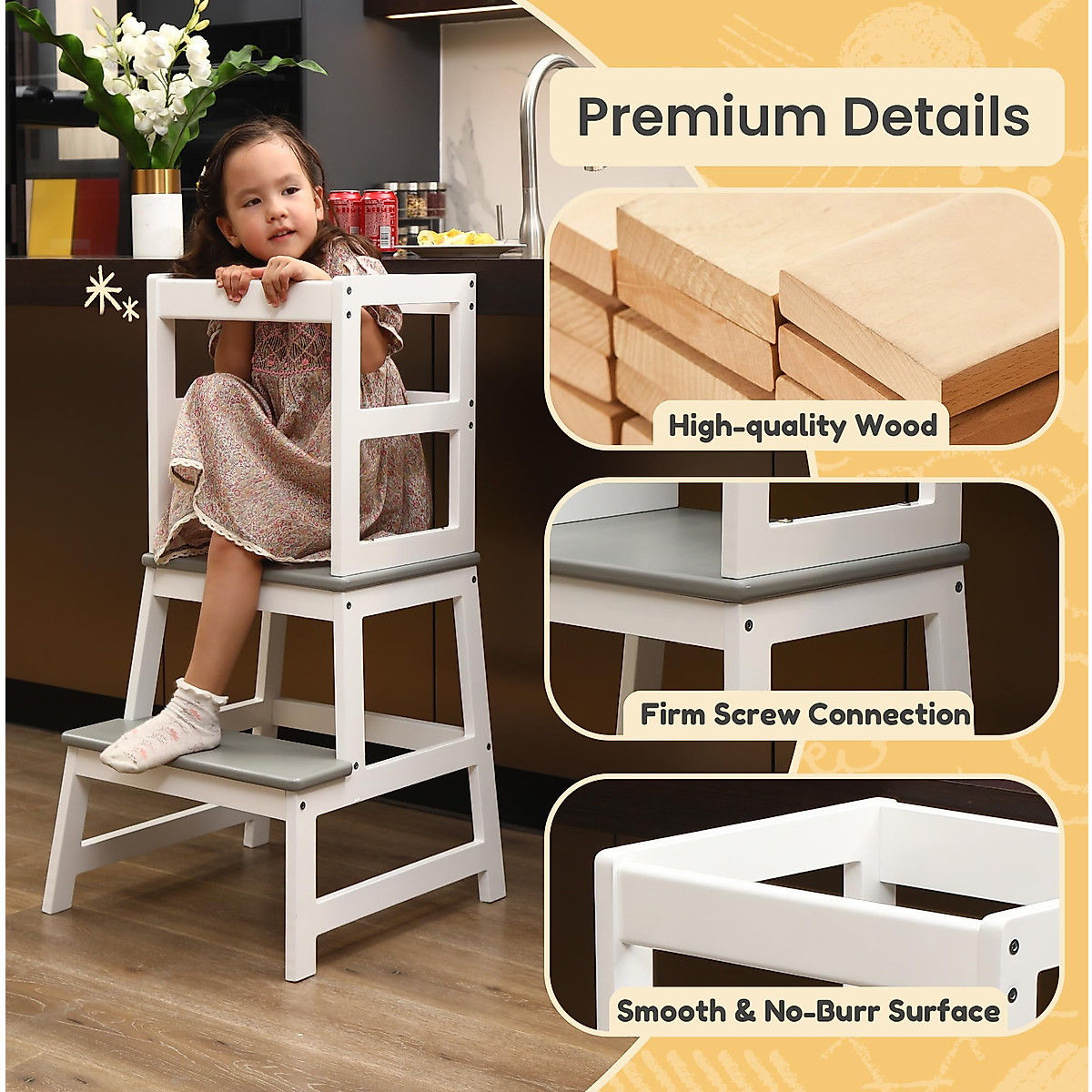 Saihony Standing Tower for Toddler, Kids Kitchen Step Stool Toddler Standing Tower Helper for Kitchen Counter and Bathroom Sink, Wooden Kids Montessori Learning Standing Stool with Safety Rail White