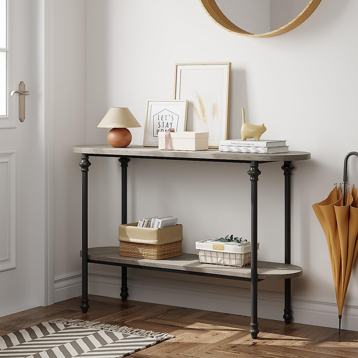 GarveeHome Entryway Table, 43.3" Long Console Table with Storage, 2 Tier Wood Console Table with Metal Frame and MDF, Sofa Tables Behind Couch, Hallway Table for Foyer-Grey
