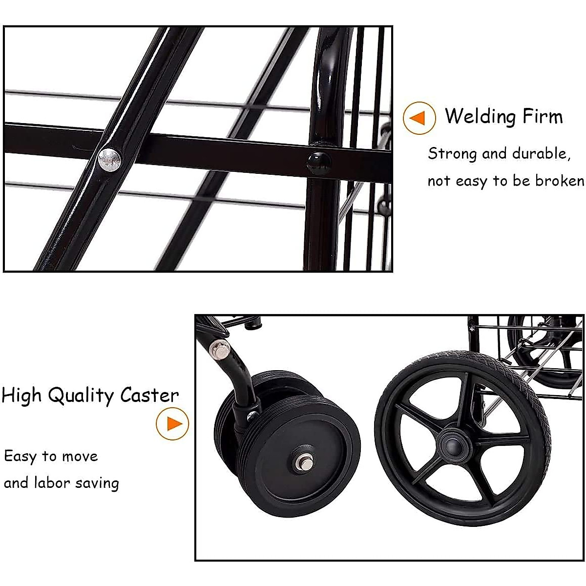 Nightcore Folding Shopping Cart, Large Grocery Utility Cart w/Dual Swiveling Wheels & Double Storage Baskets, Light Weight Trolley w/Portable Handle, Ideal for Laundry Book Luggage Travel (Black)